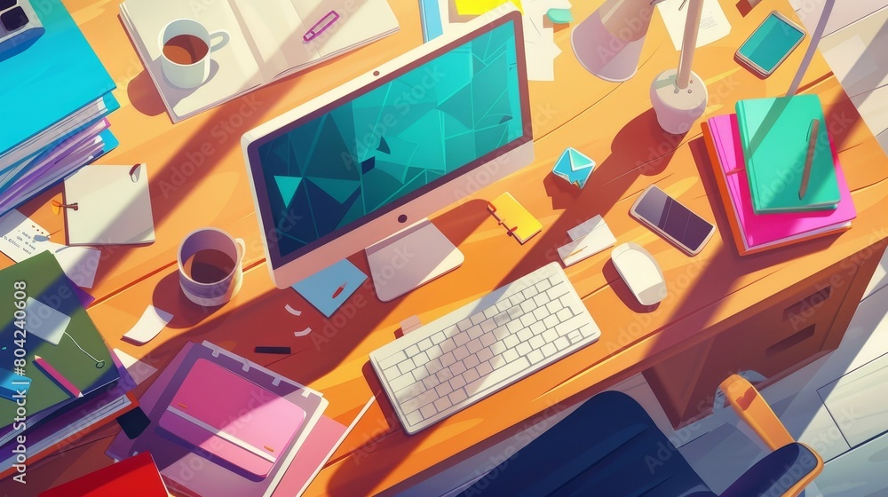 Cartoon flat lay of a busy computer desk with a monitor, keyboard ...