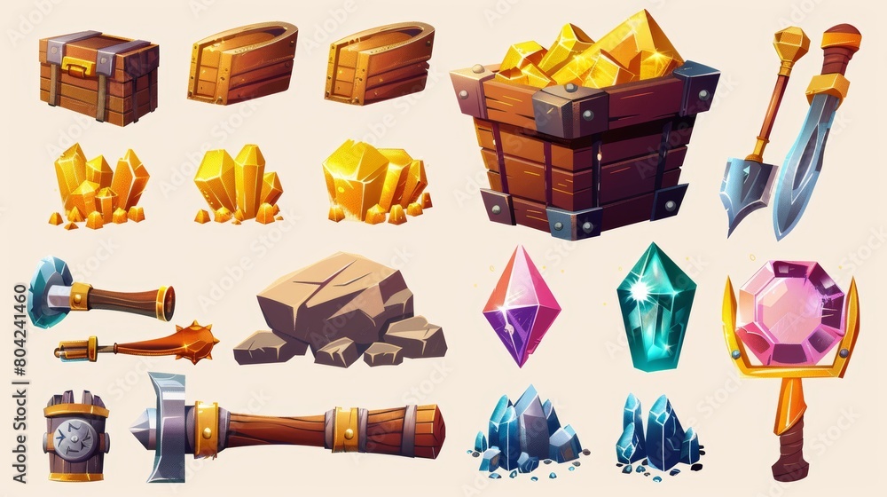 This cartoon illustration set includes golden crystals, gem stones, a ...