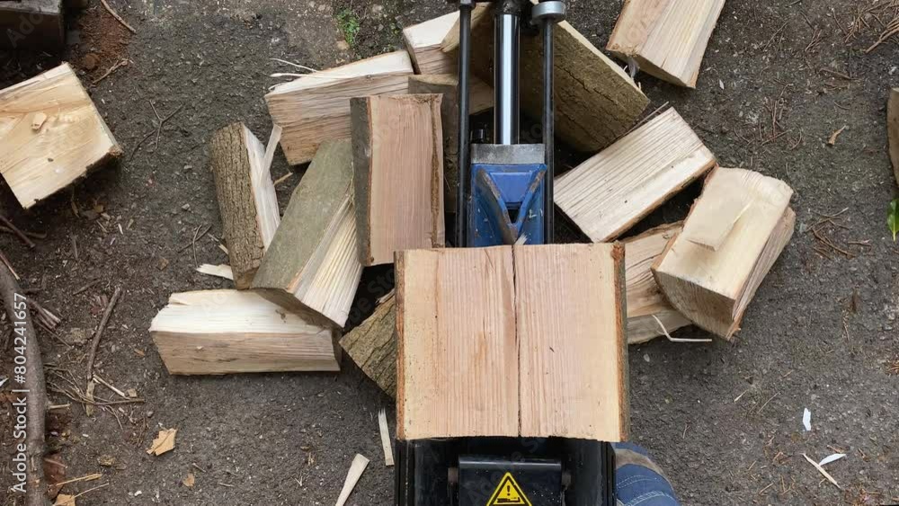 A hydraulic horizontal log splitter is splitting the wood log of an ash ...