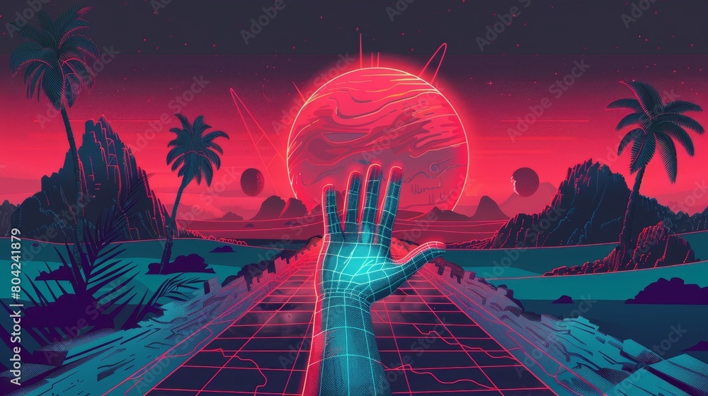 Graphic design for Y2K science poster with wireframe hand, planet globe ...