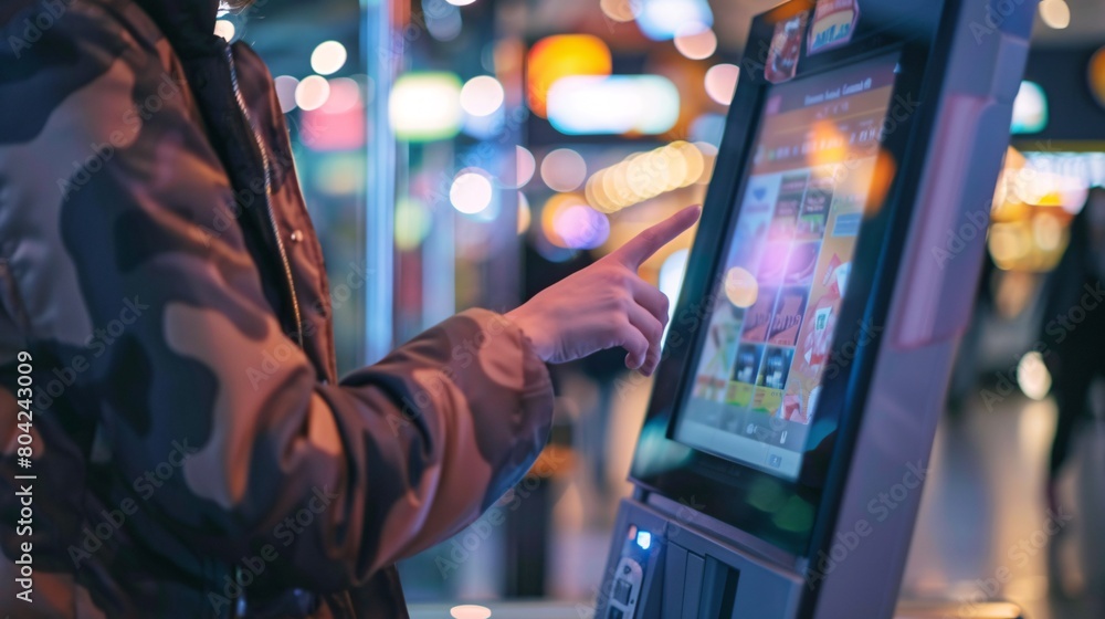 Anonymous customer touching a digital screen at a checkout kiosk with a ...