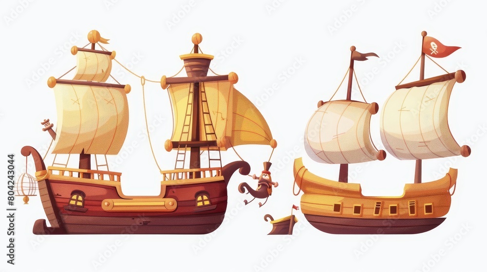 Cartoon modern illustration set of vintage ships with wooden decks and ...