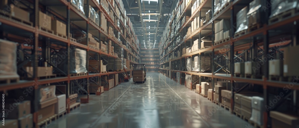Product Distribution Logistics Center with shelves filled with goods in ...