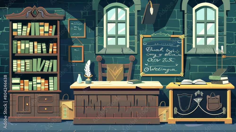Objects for a magical school room interior. Cartoon modern medieval ...