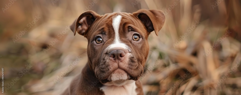 Cute puppy of American Bully breed, with serious face expression, white ...