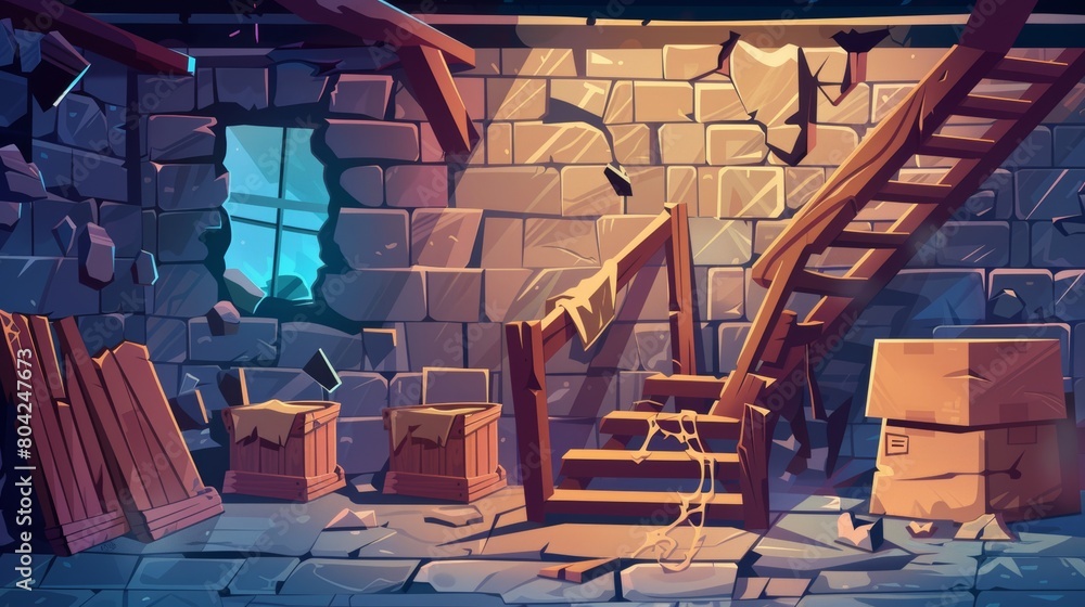 Basement room interior with cracked walls, broken stairs, wooden rack ...