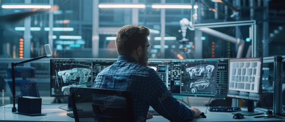 Observing desk of auto factory monitoring office: male chief automotive ...