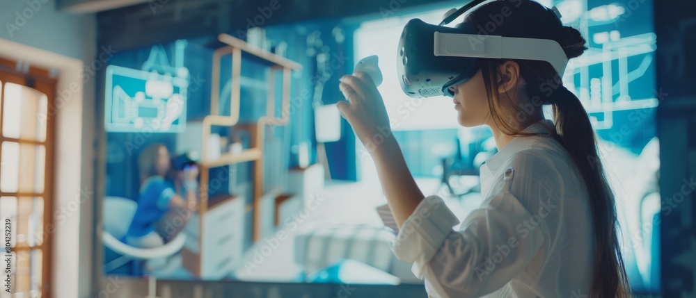 Designer demonstrates using a VR headset and controllers to demonstrate ...