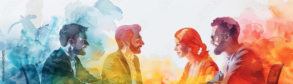 Four people of different races and ethnicities are sitting around a ...