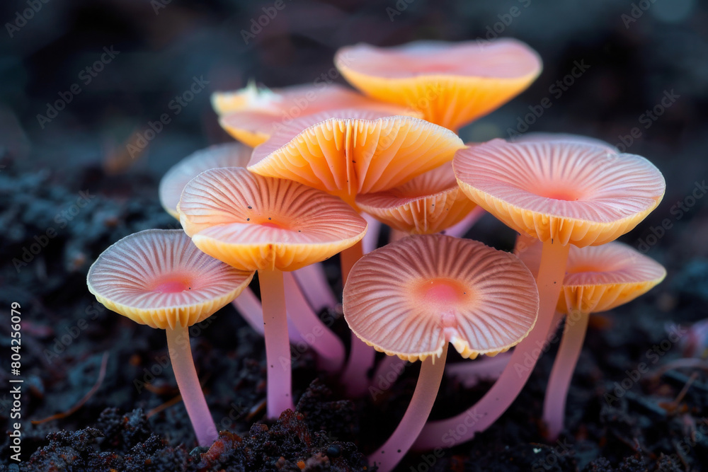 Striking image of bioluminescent mushrooms with a vibrant orange glow ...