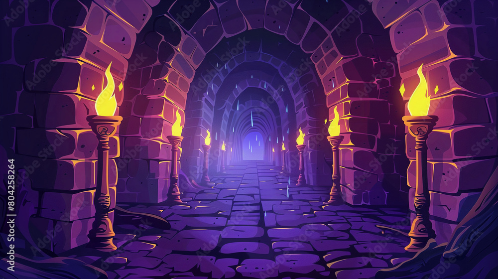 Cartoon illustration of Medieval castle underground endless long ...