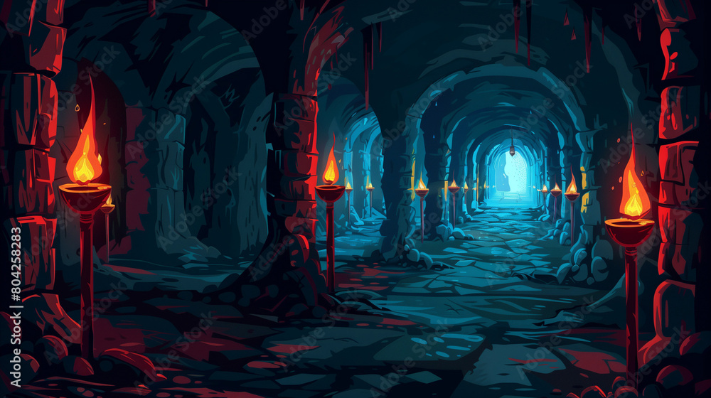 Cartoon illustration of Medieval castle underground endless long ...