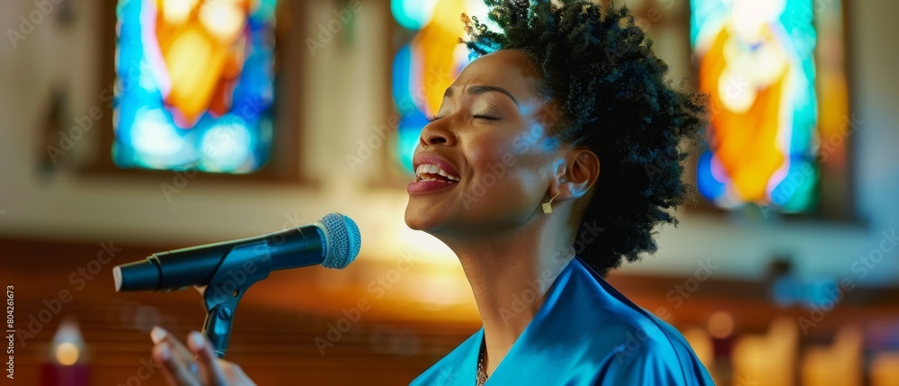 The woman is a young black Christian gospel singer who is happy to ...