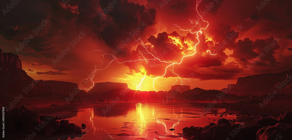Crimson bolts of lightning arcing across the sky above a remote desert ...