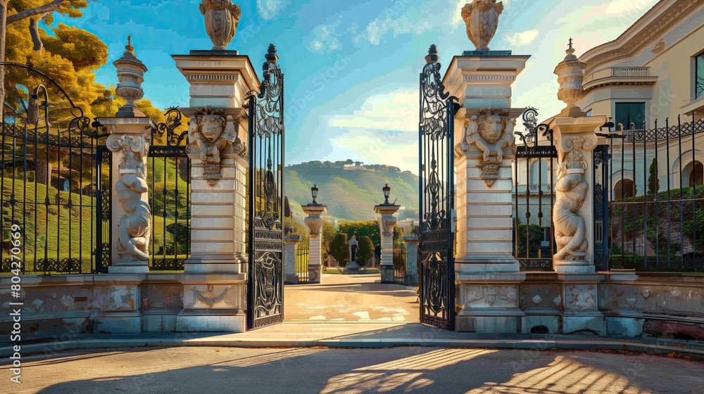 Majestic entrance gate to a luxury estate with intricate ironwork and ...