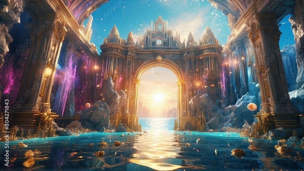 Amazing underwater hidden city Atlantis with portals and columns, gods ...