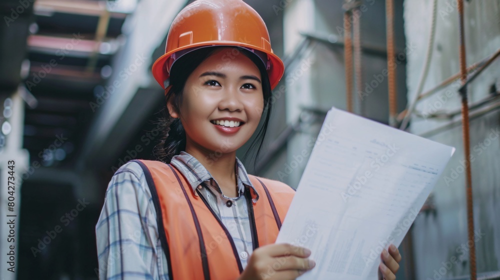 Asian woman engineer holding document smiling at construction site ...