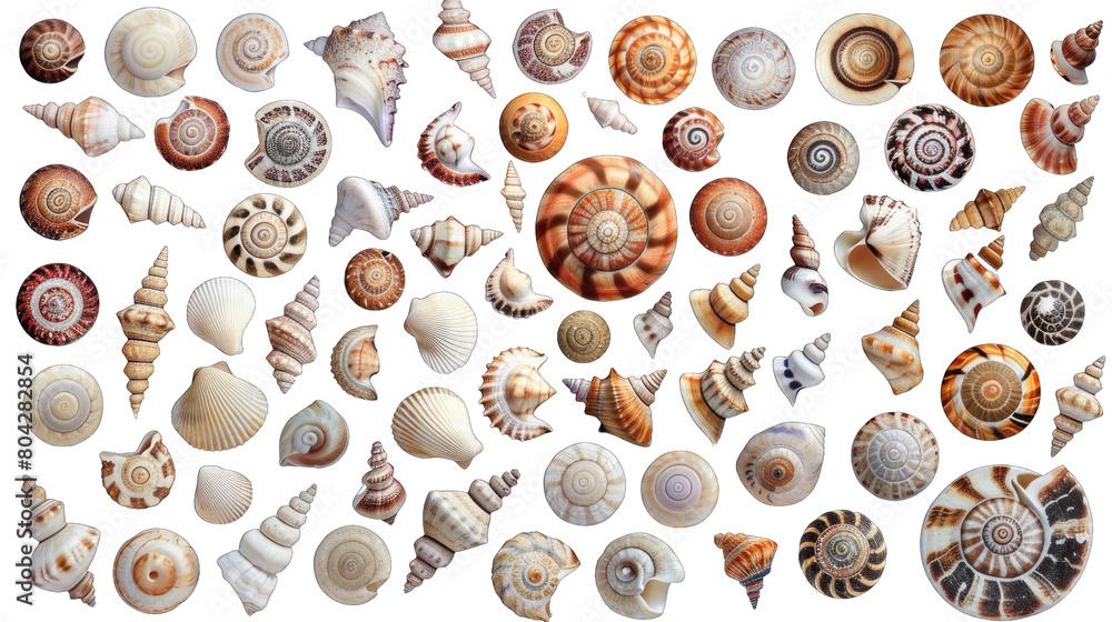 The image is a grid of 96 thumbnails of different seashells in isolated ...