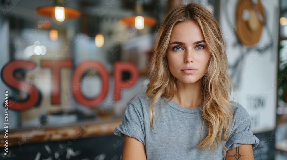 Portrait of serious woman with red stop sign with serious facial ...