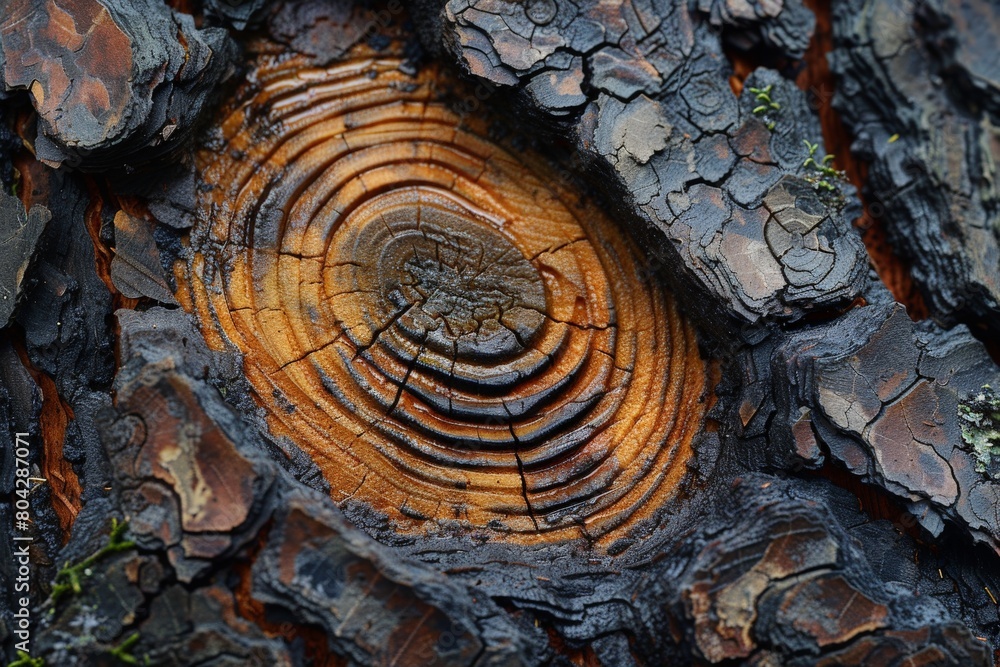 Detailed image showing the annual growth rings of a tree in the charred ...