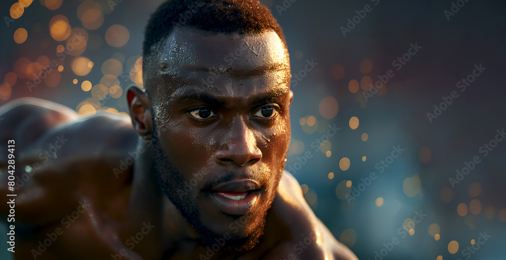 Intense focus of an sprinter, sweat glistening under the stadium lights ...