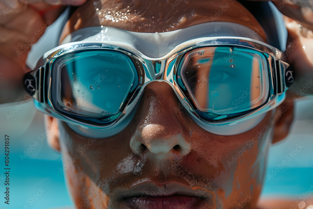 Athlete adjusting their swim goggles at the edge of an Olympic pool ...