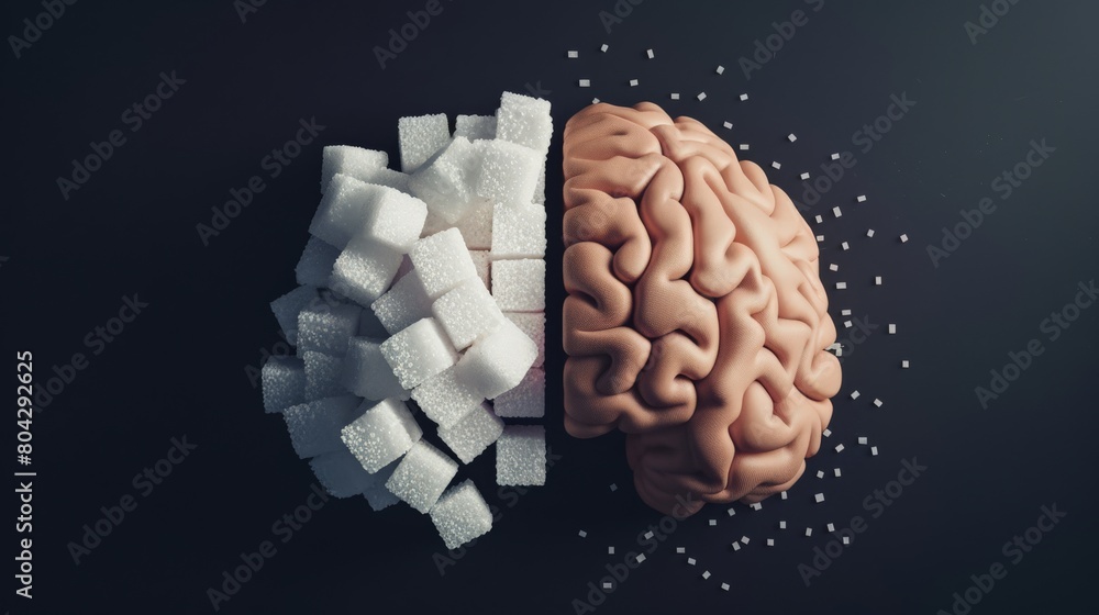 Conceptual image of sugar cubes and human brain. Exploring sugar's ...