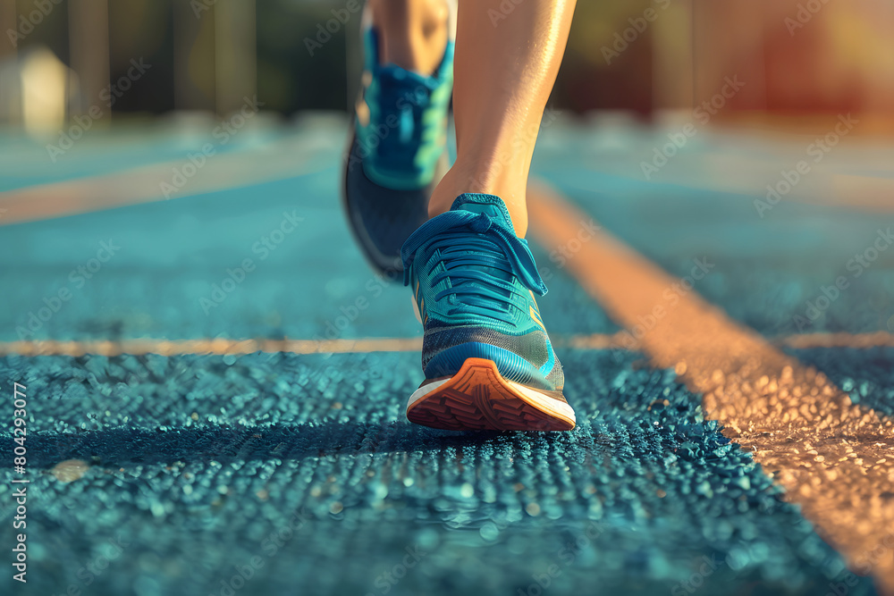 Runner's feet pounding the track in a long-distance race, with a focus ...