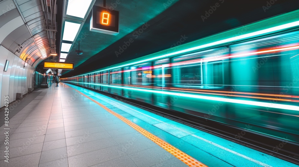 Train Traveling Through Train Station Next to Loading Platform Stock ...