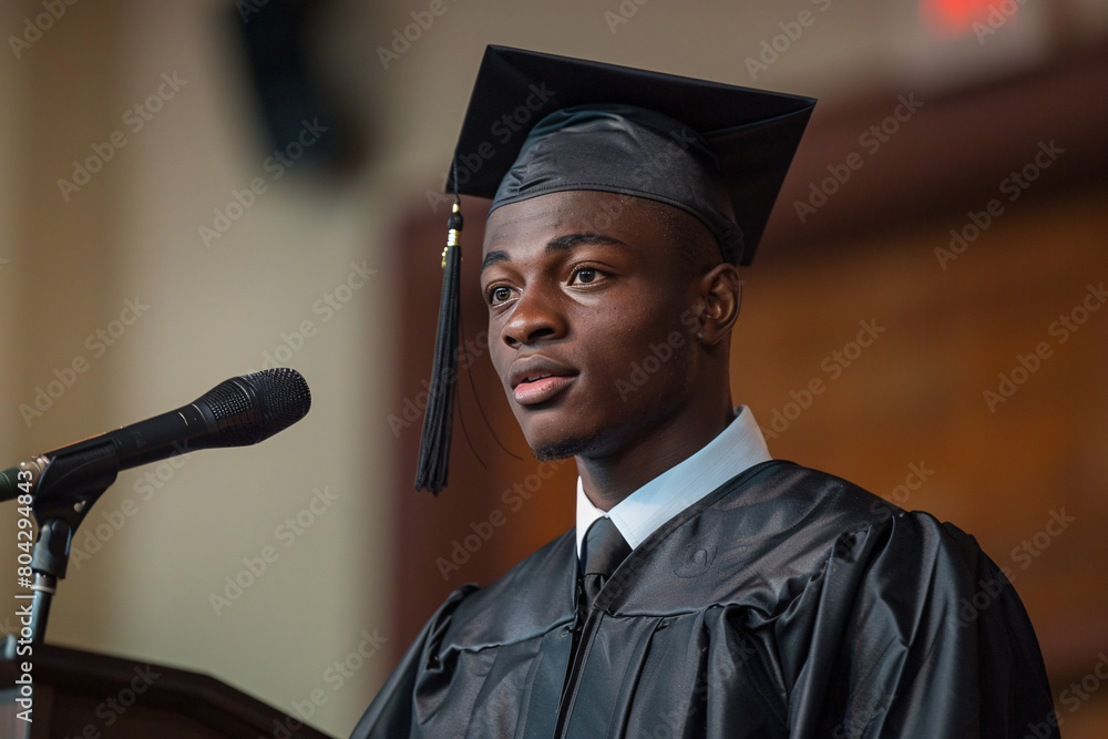 A young black male valedictorian giving a college graduation speech ...