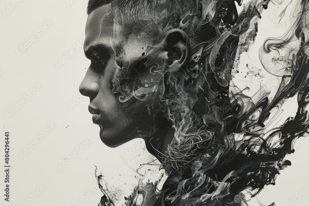 Surreal male profile collage with skull and bird nest. Exploring ...