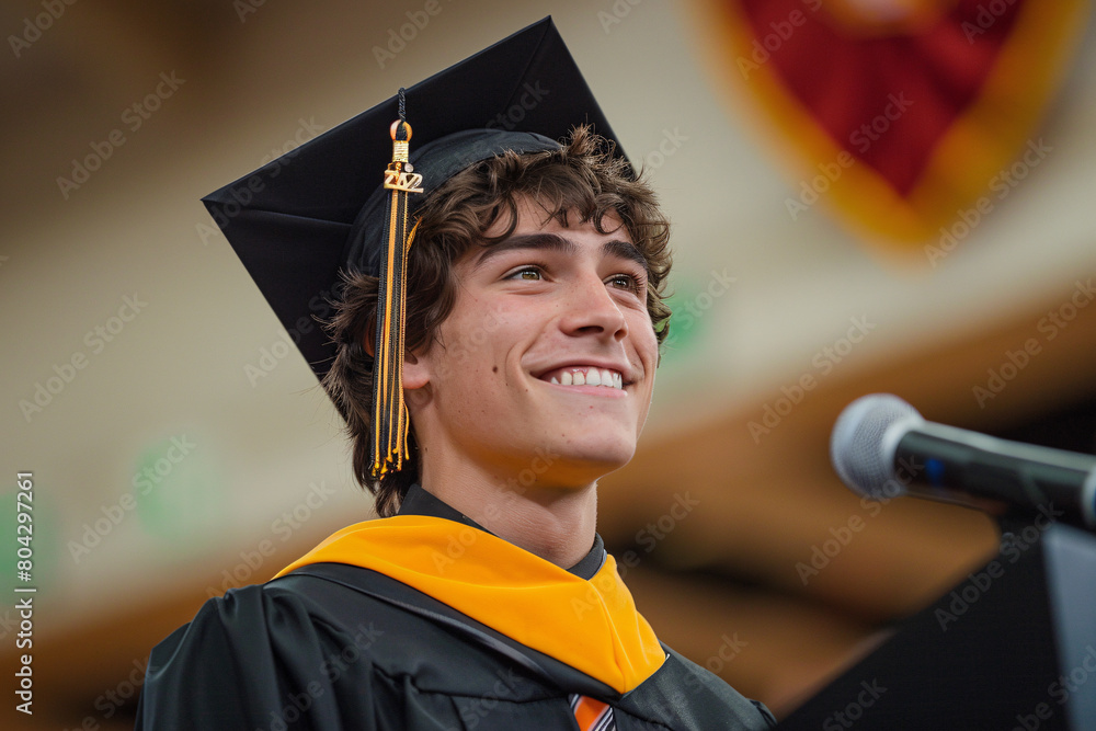 Male valedictorian giving a college graduation speech while wearing the ...