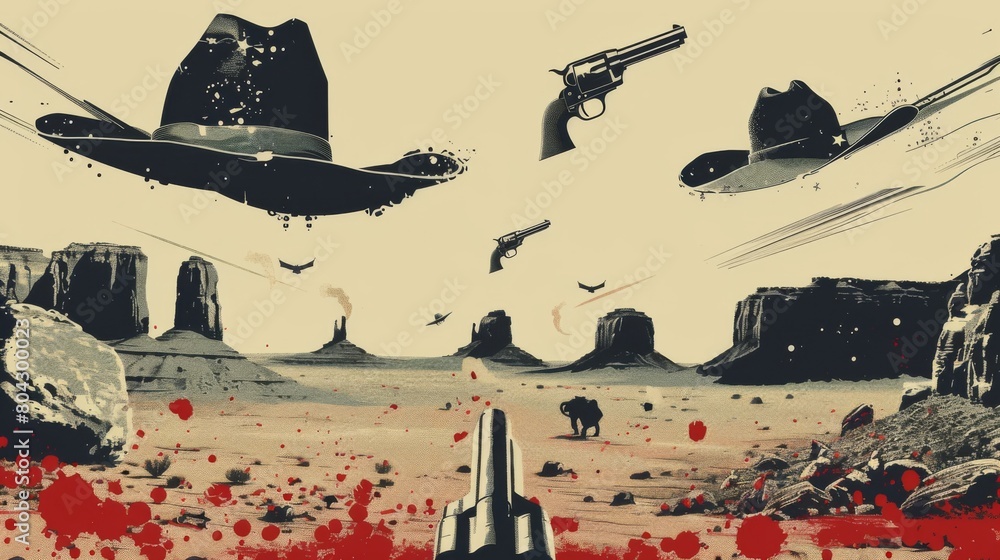Surreal Western Duel Scene with Flying Hats and Guns Stock Illustration ...