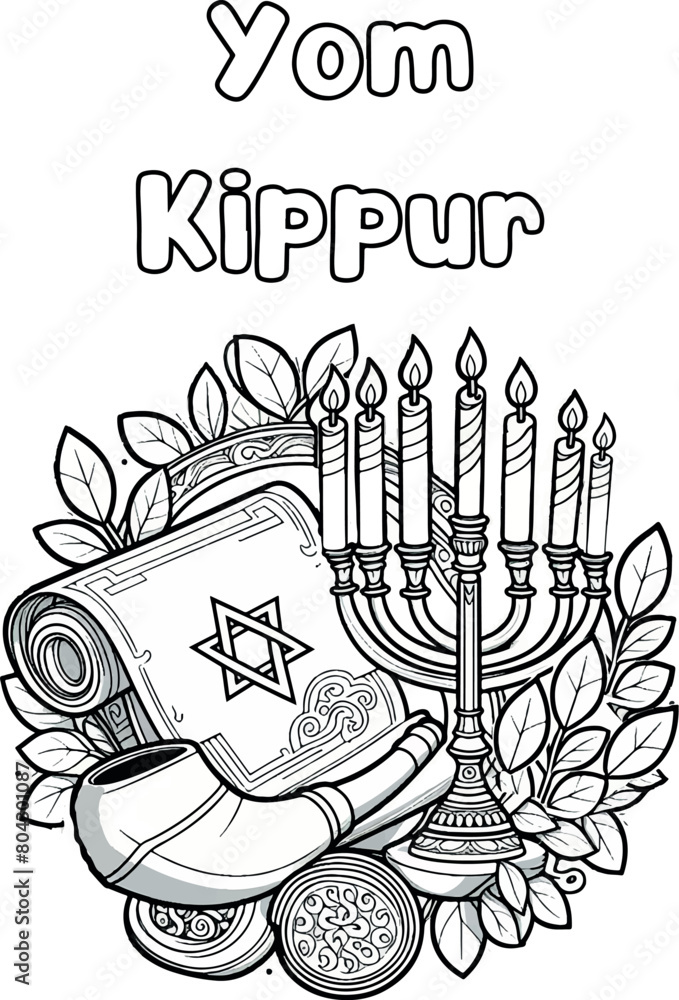 Creating a Yom Kippur coloring page. Symbols of the holiday: shafar ...