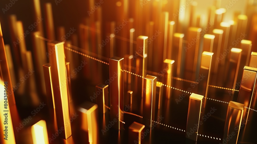 Dynamic rendering 3D golden bar graph with soaring columns represents a ...
