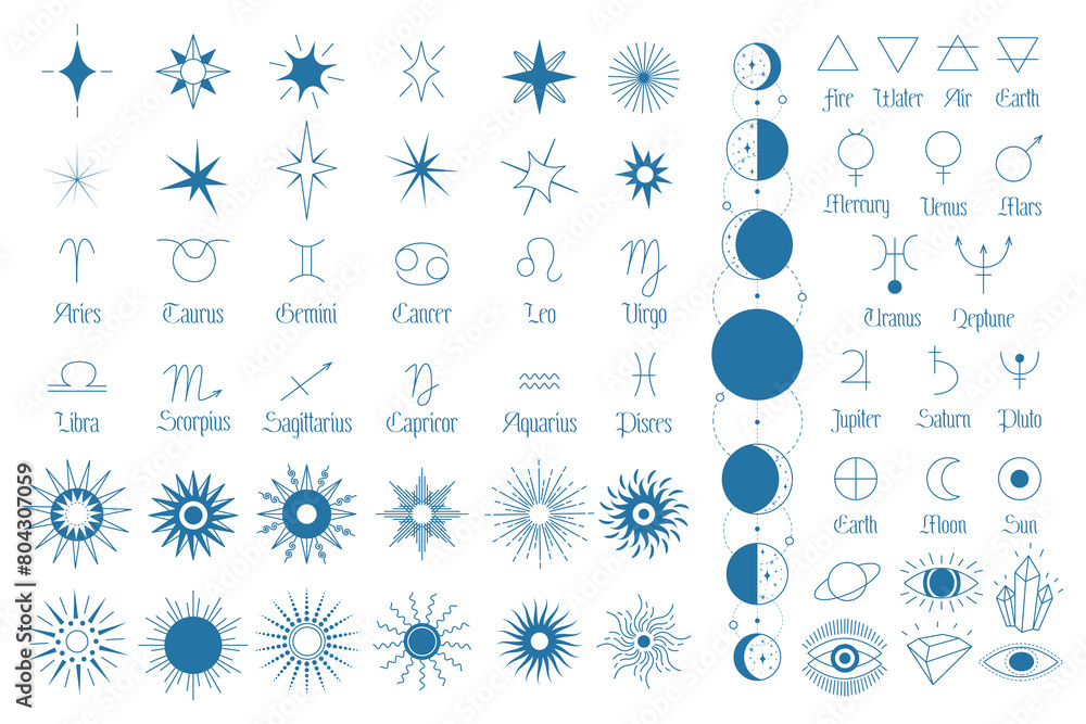 Set of astrological esoteric horoscope symbols. Minimalistic stars ...