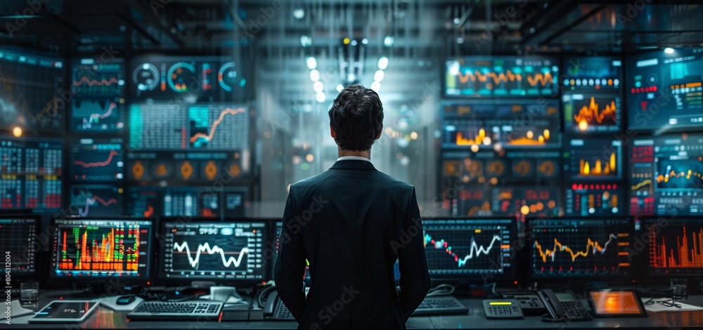 Financial Analyst Monitoring Real-Time Data on Multiple Screens in High-Tech Trading Floor Stock ...