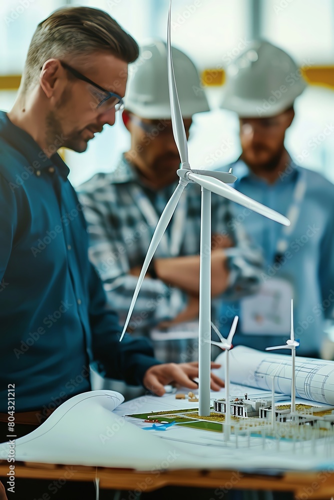 Engineers examining blueprints and a model of a wind turbine park at an ...