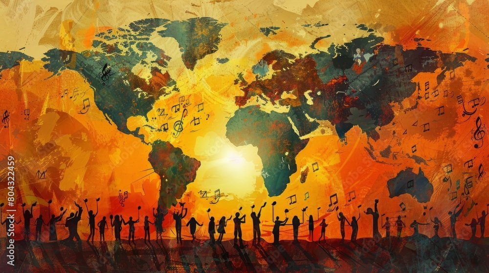 An abstract painting of the world map with people of various cultures ...