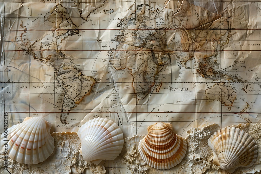 Nautical collage weathered maps and seashells in a unified composition ...