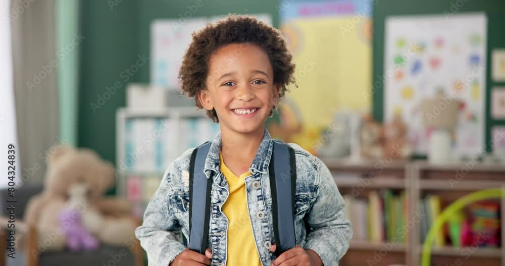 Smile, face and student in classroom for education, learning and ready ...