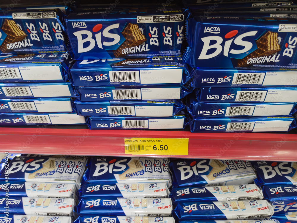 RIO DE JANEIRO, BRAZIL - April 20, 2024: Wafer Bis packages on the ...