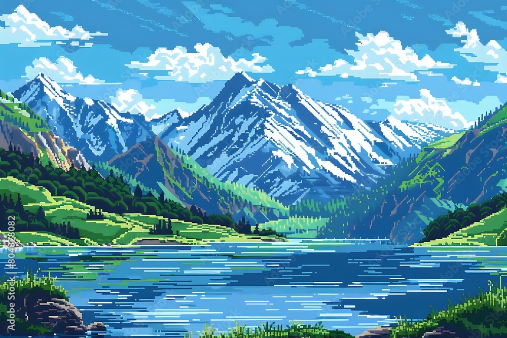 Foto de Pixel Art Landscape with Mountains, Lake, and Rolling Hills ...