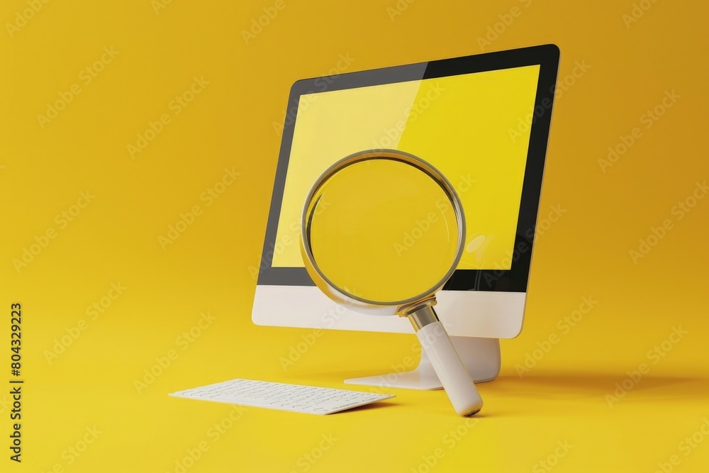 Magnifying glass on computer screen, technology concept, online ...