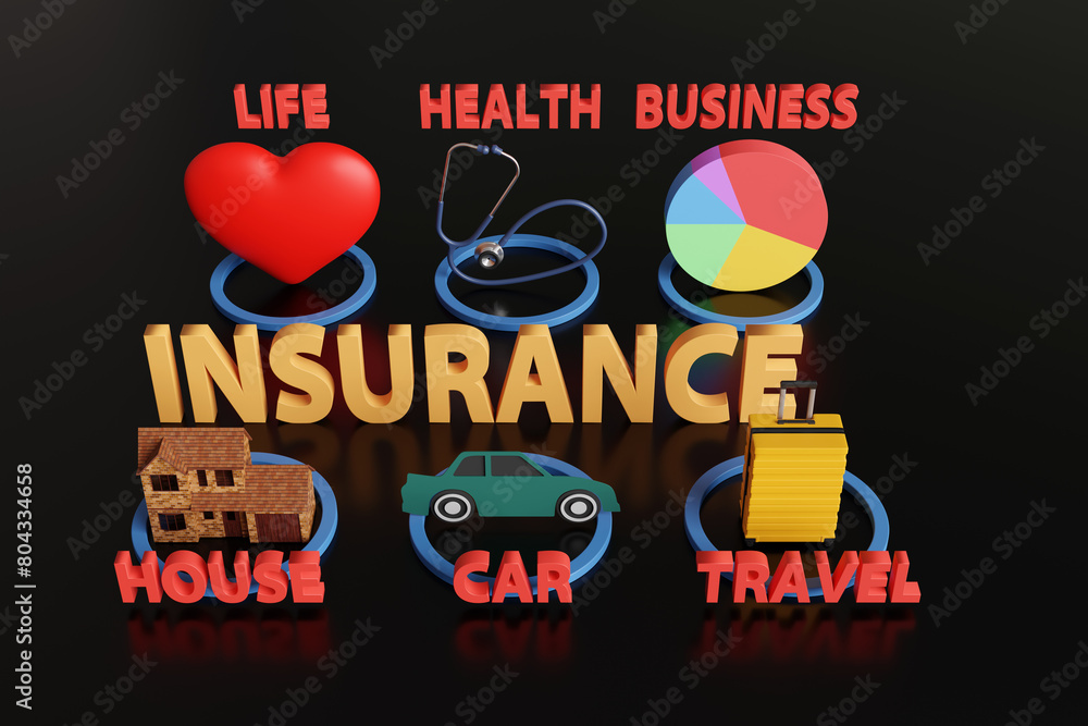 Large yellow text INSURANCE, red heart, blue stethoscope, business pie ...