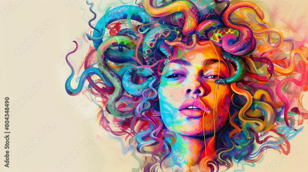 Artistic rendering of Medusa with colorful snake hair, vibrant and ...