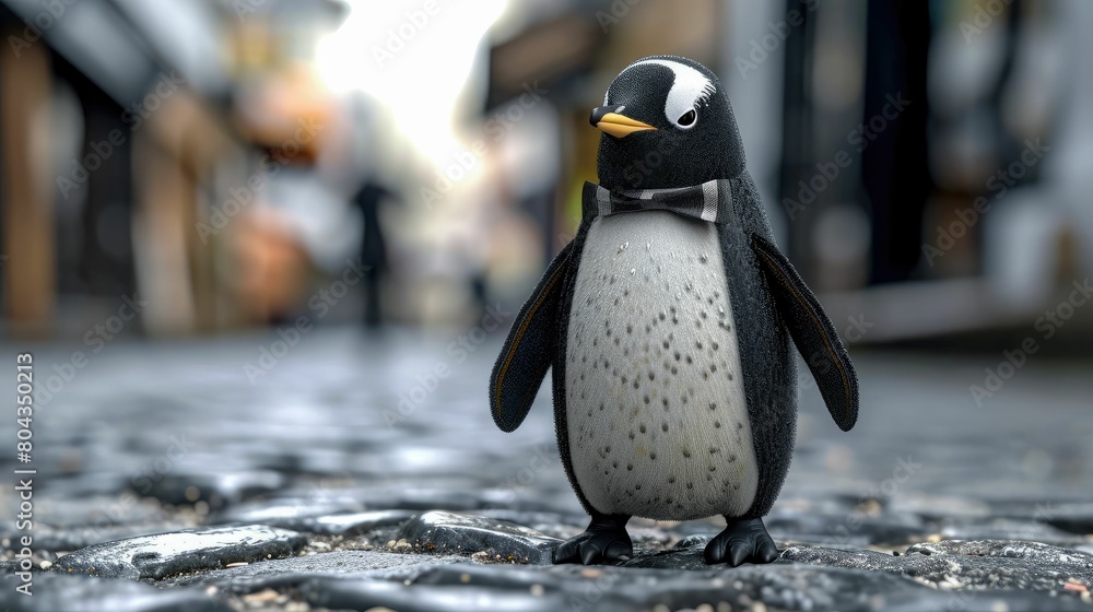 Dapper penguin struts through city streets in tailored elegance ...