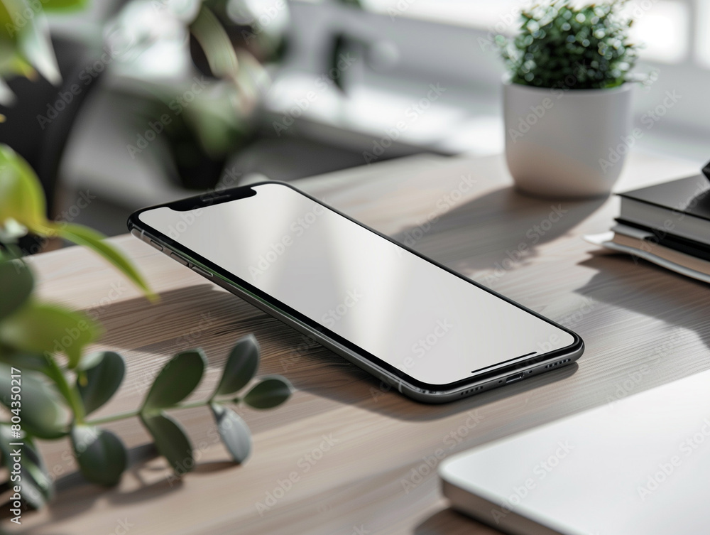 A modern black smartphone with a reflective touch screen lies on a ...