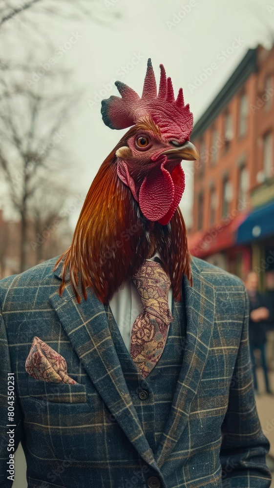 Stylish chicken struts through city streets with feathered finesse ...