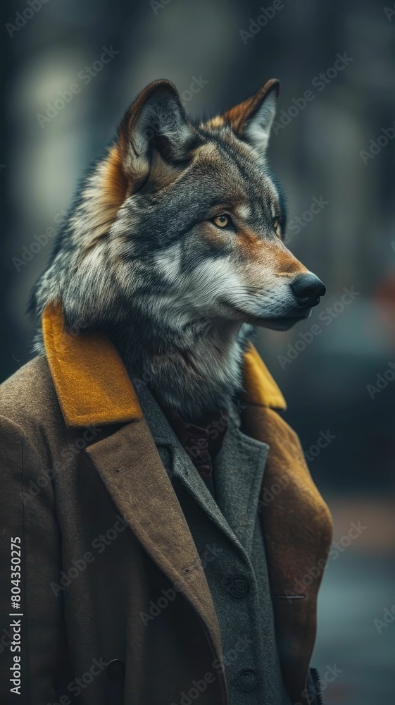 Sophisticated wolf prowls urban streets in tailored splendor ...